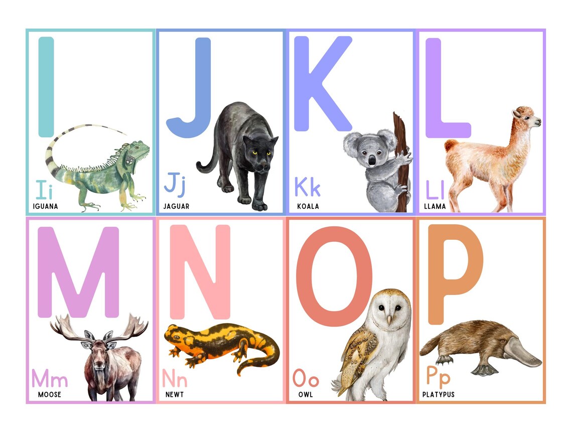 Printable Alphabet Poster With Flashcards - Colorful Watercolor Animals ...