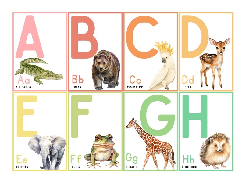 Printable Alphabet Poster With Flashcards - Colorful Watercolor Animals ...