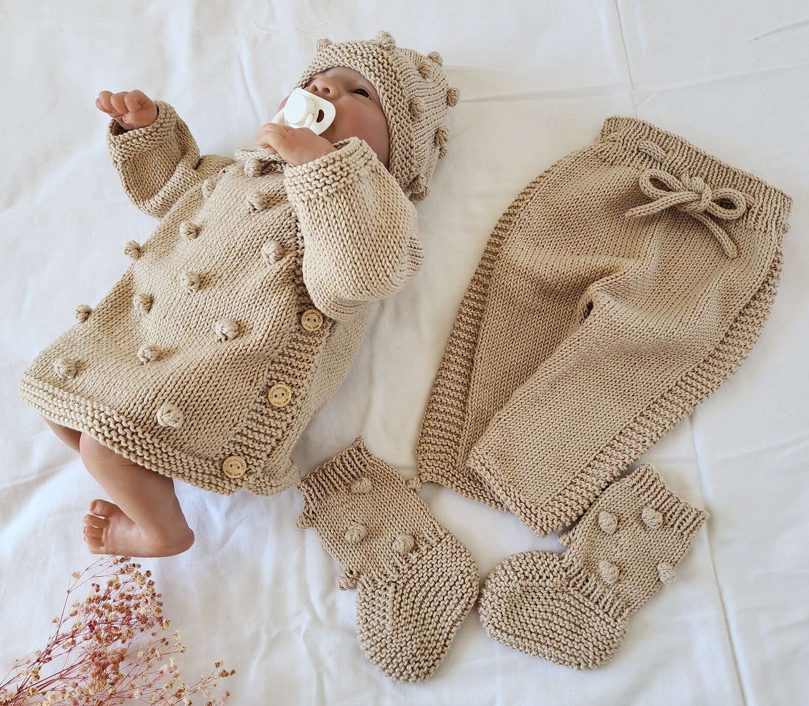 Hand-knitted Baby Outfit: Popcorn Knit Cardigan, Pants, Socks & Beanie ...