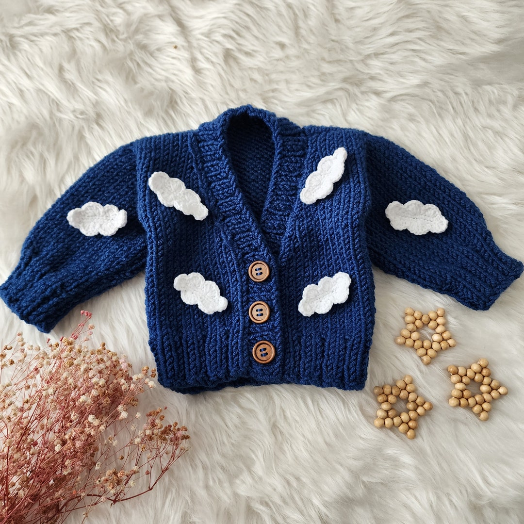 Handmade Cloud Embroidered Baby Cardigan: Knit Wool Blend Sweater - Etsy