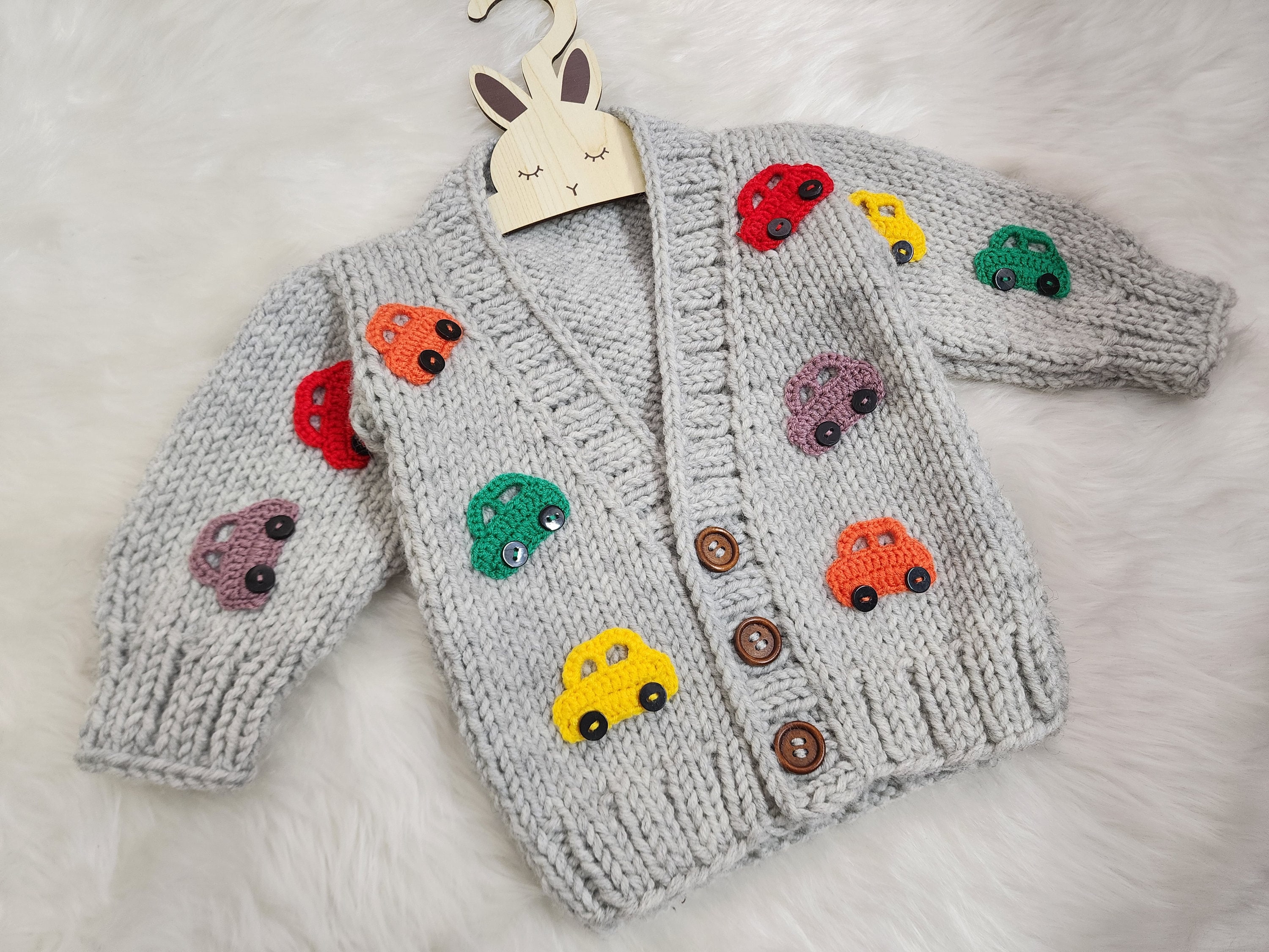Colorful Car Embroidered Baby Cardigan, Gray Newborn Knit Sweater ...