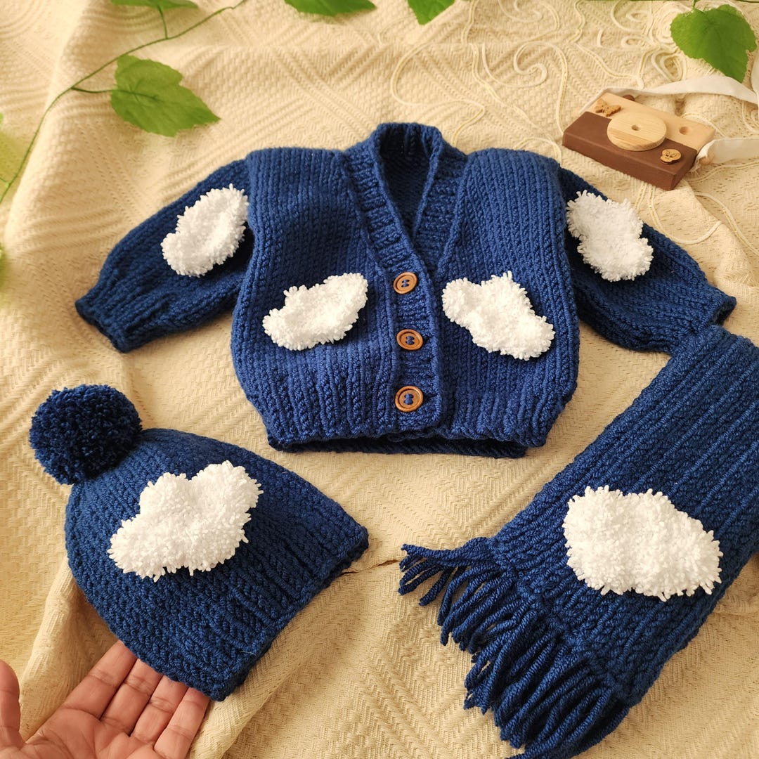 Cute Cloud Embroidered Baby Cardigan Set, Hand Knitted Baby Boy ...