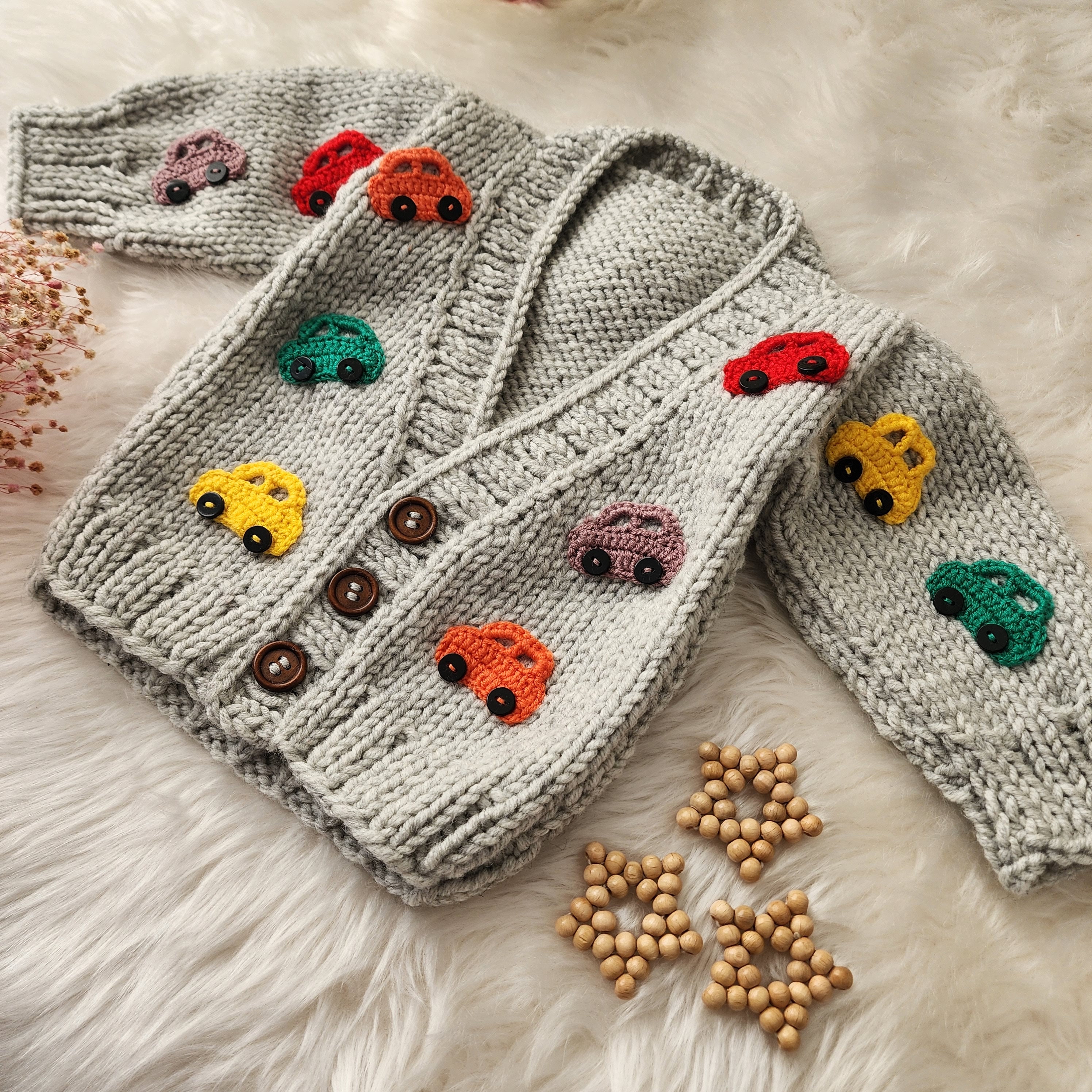 Handmade Car Embroidered Baby Cardigan: Gray Knit Sweater - Etsy