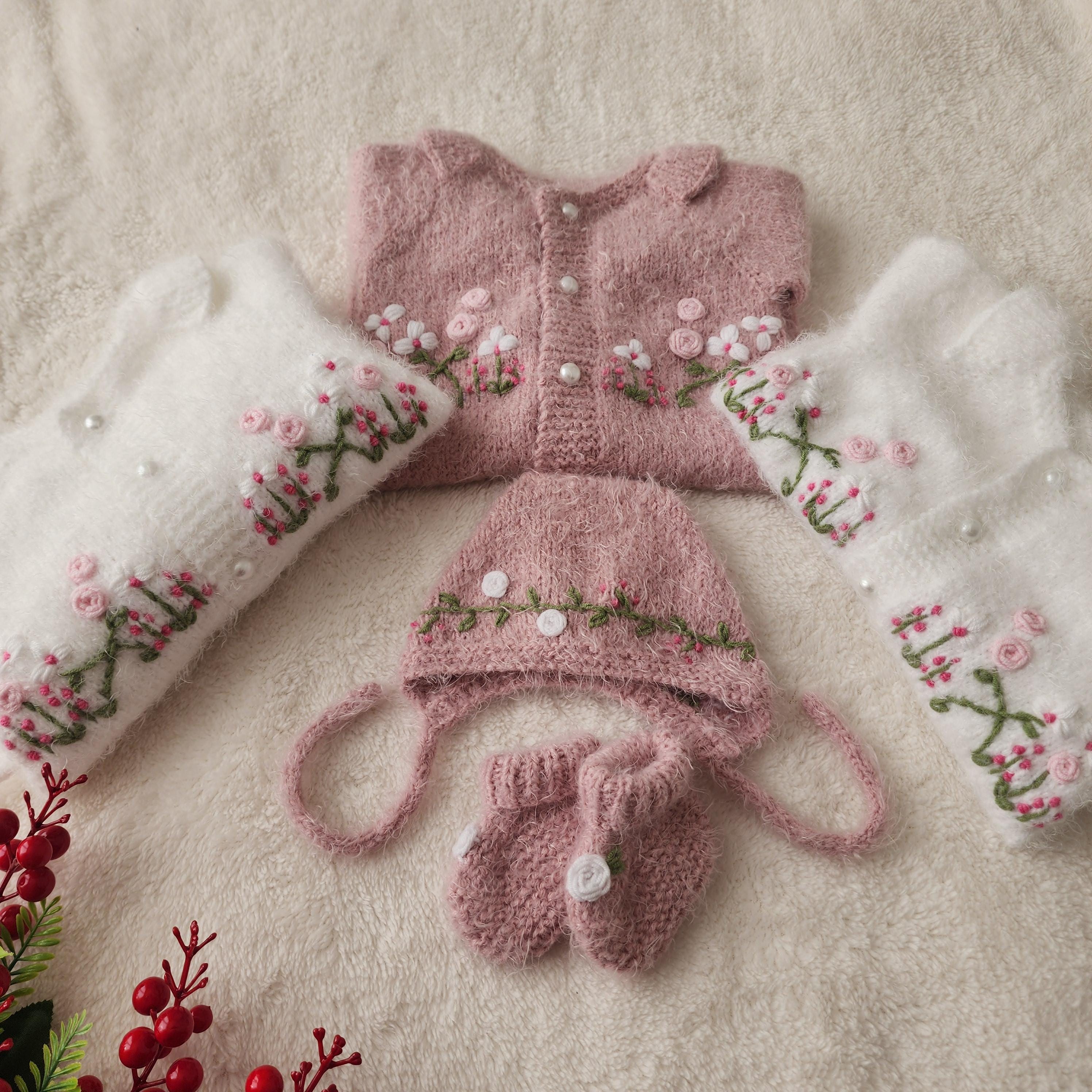 Hand-knitted Baby Romper Set: Flower Embroidered Outfit - Etsy