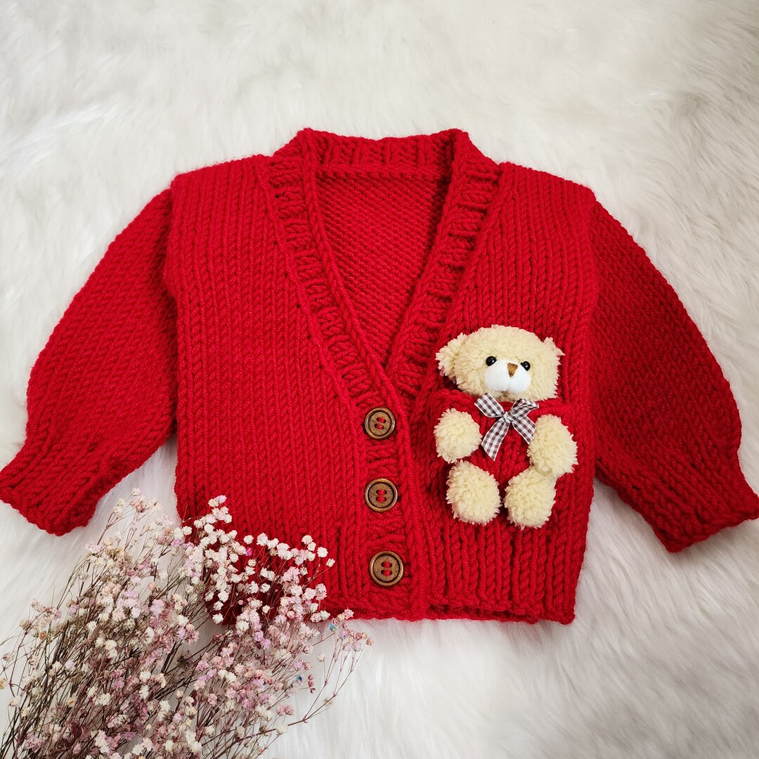 Hand Knit Baby Cardigan With Plush Teddy Bear. Red Baby Cardigan ...