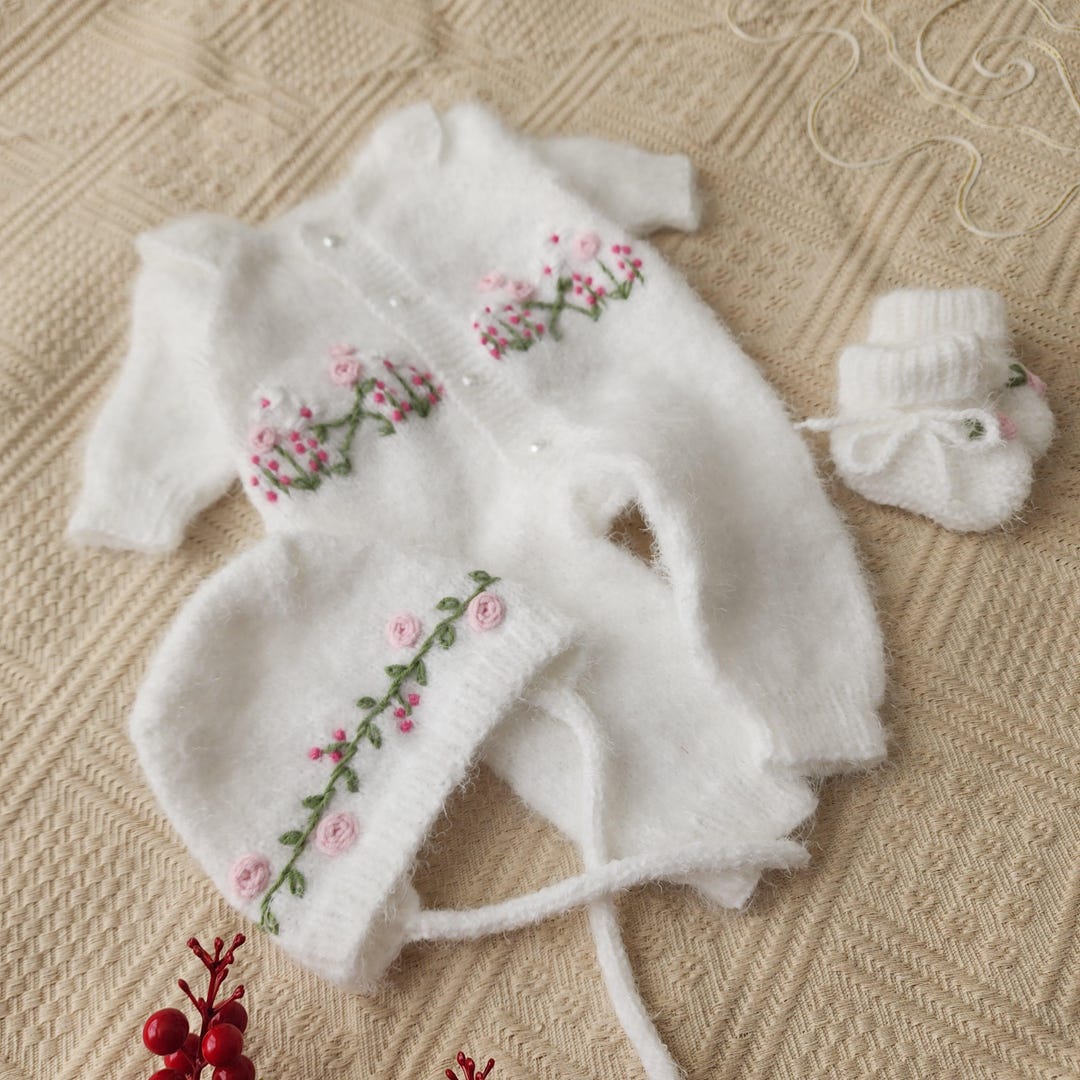 Hand-knitted Baby Romper Set: Flower Embroidered Outfit - Etsy