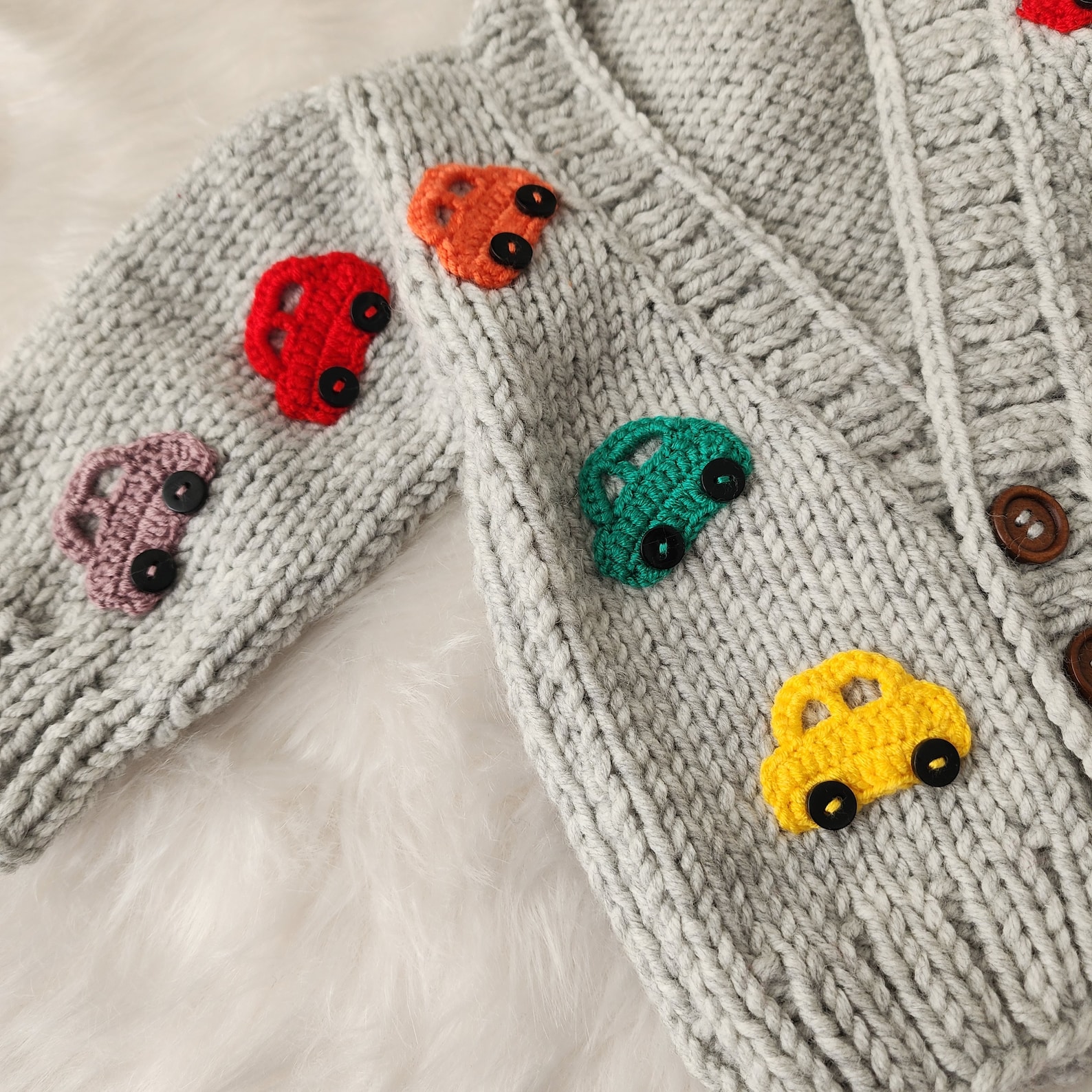 Colorful Car Embroidered Baby Cardigan, Gray Newborn Knit Sweater ...