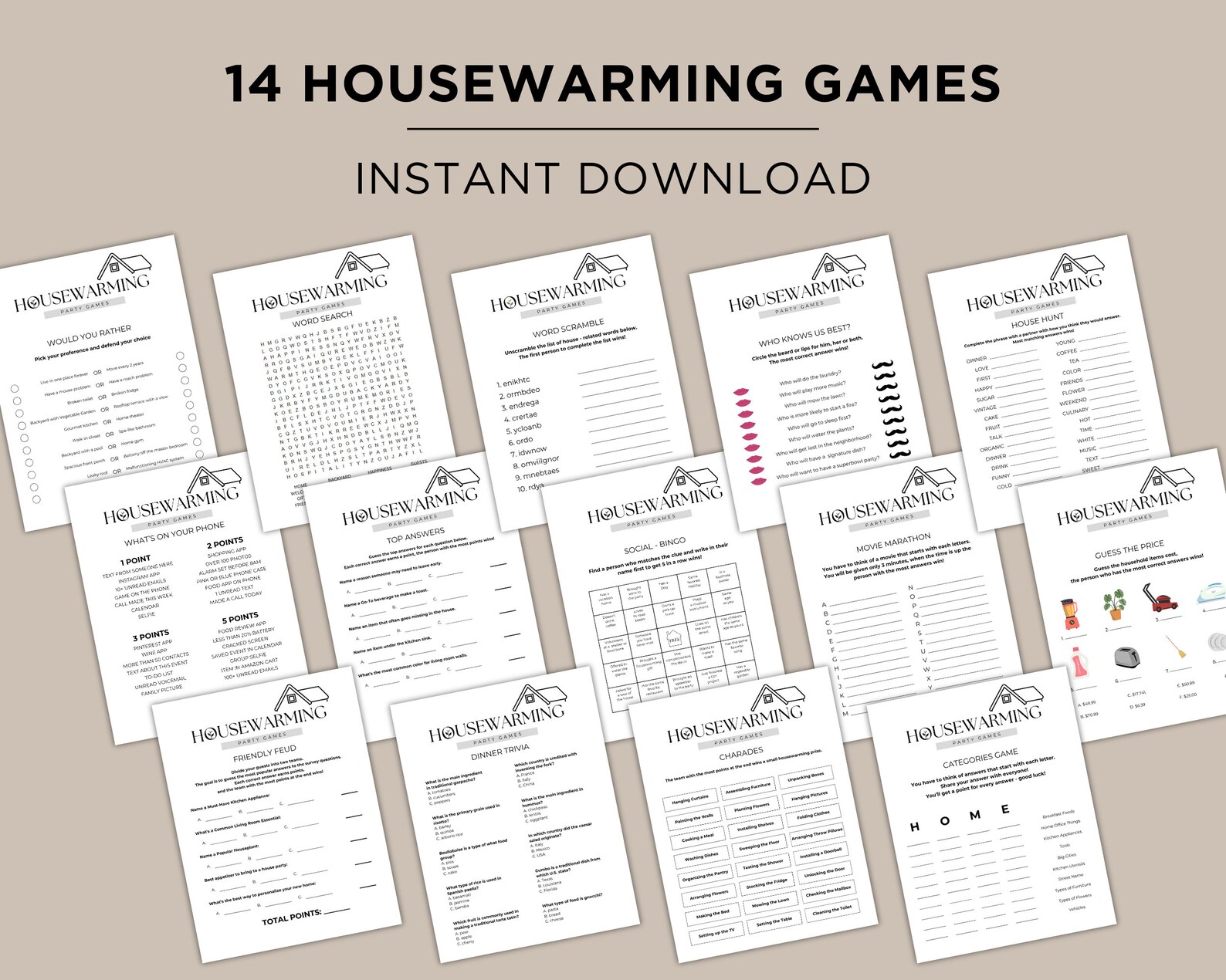 Printable Housewarming Party Game Bundle, Game Night, House Party ...