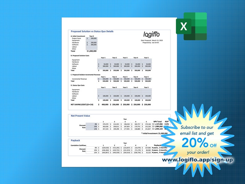 Return on Investment (ROI) & Payback Template | Net Present Value ...