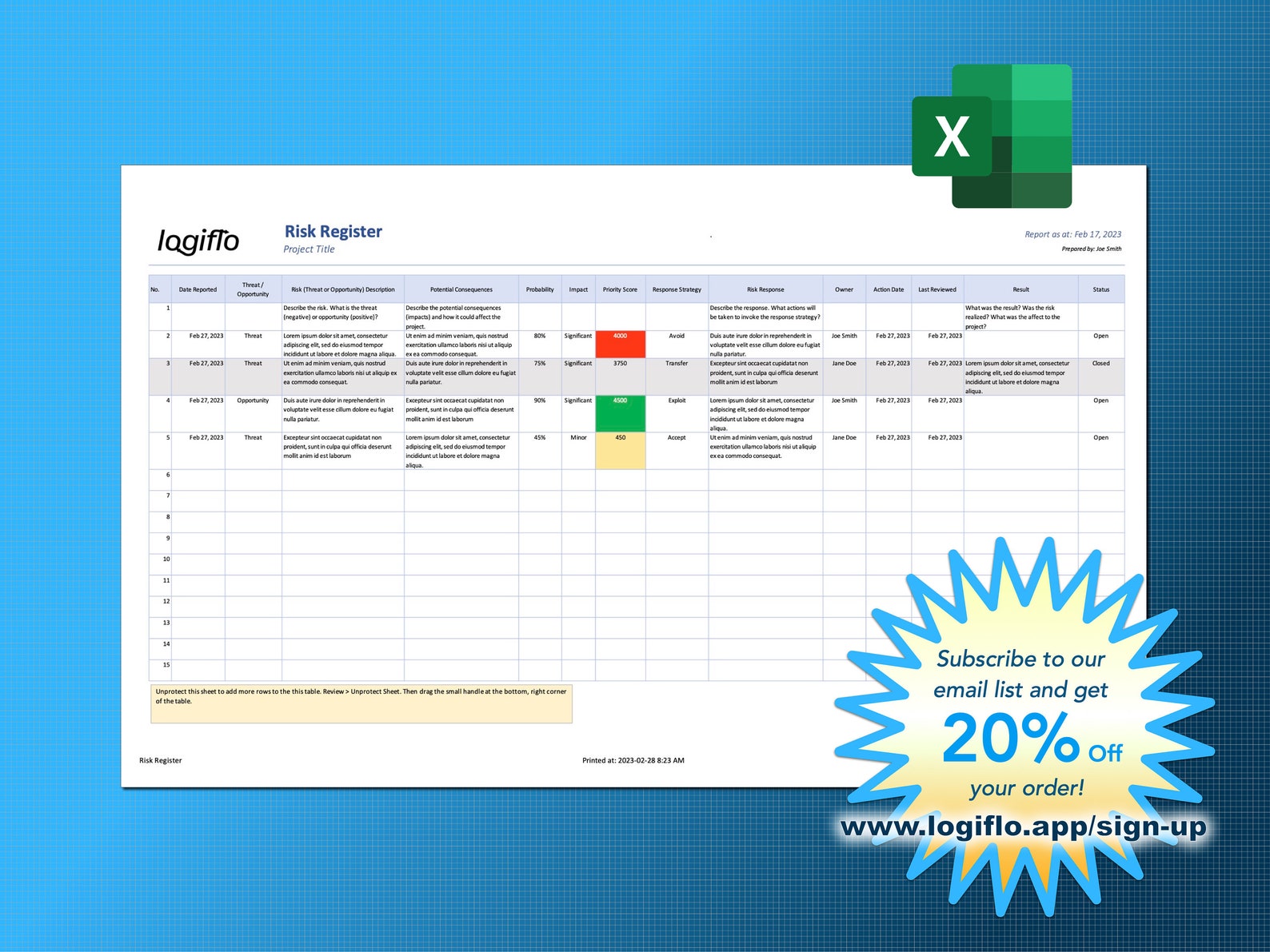 Project Risk Register Template | Risk Log | Microsoft Office | Excel ...
