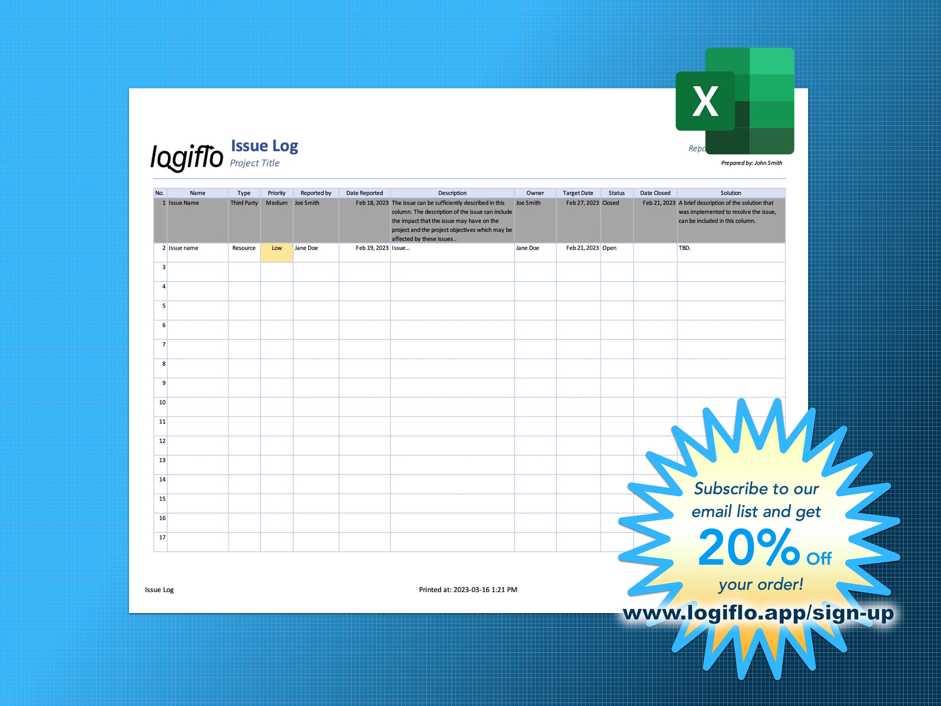 Issue Log Excel Template