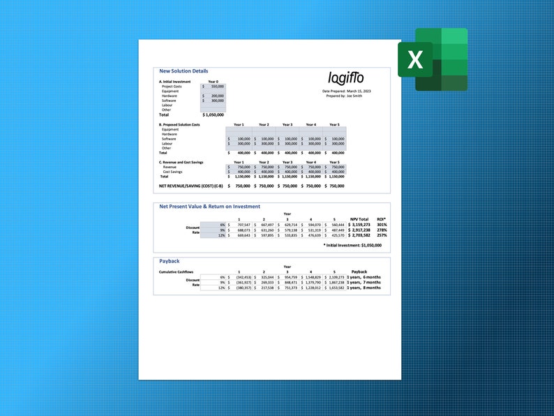Return on Investment (ROI) & Payback Template | Net Present Value ...