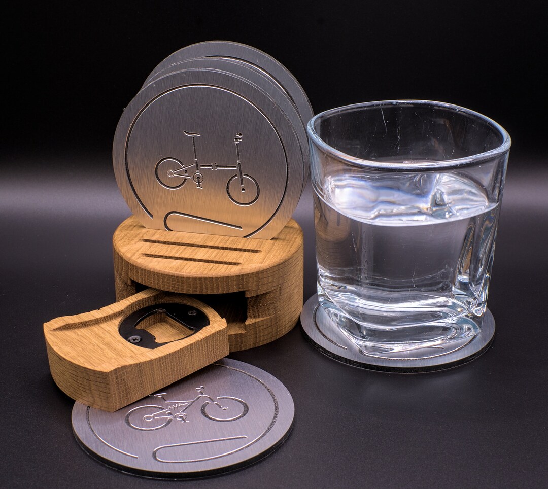 5 Glass Coasters for Bike Lovers in a Set With Oak Holder and ...