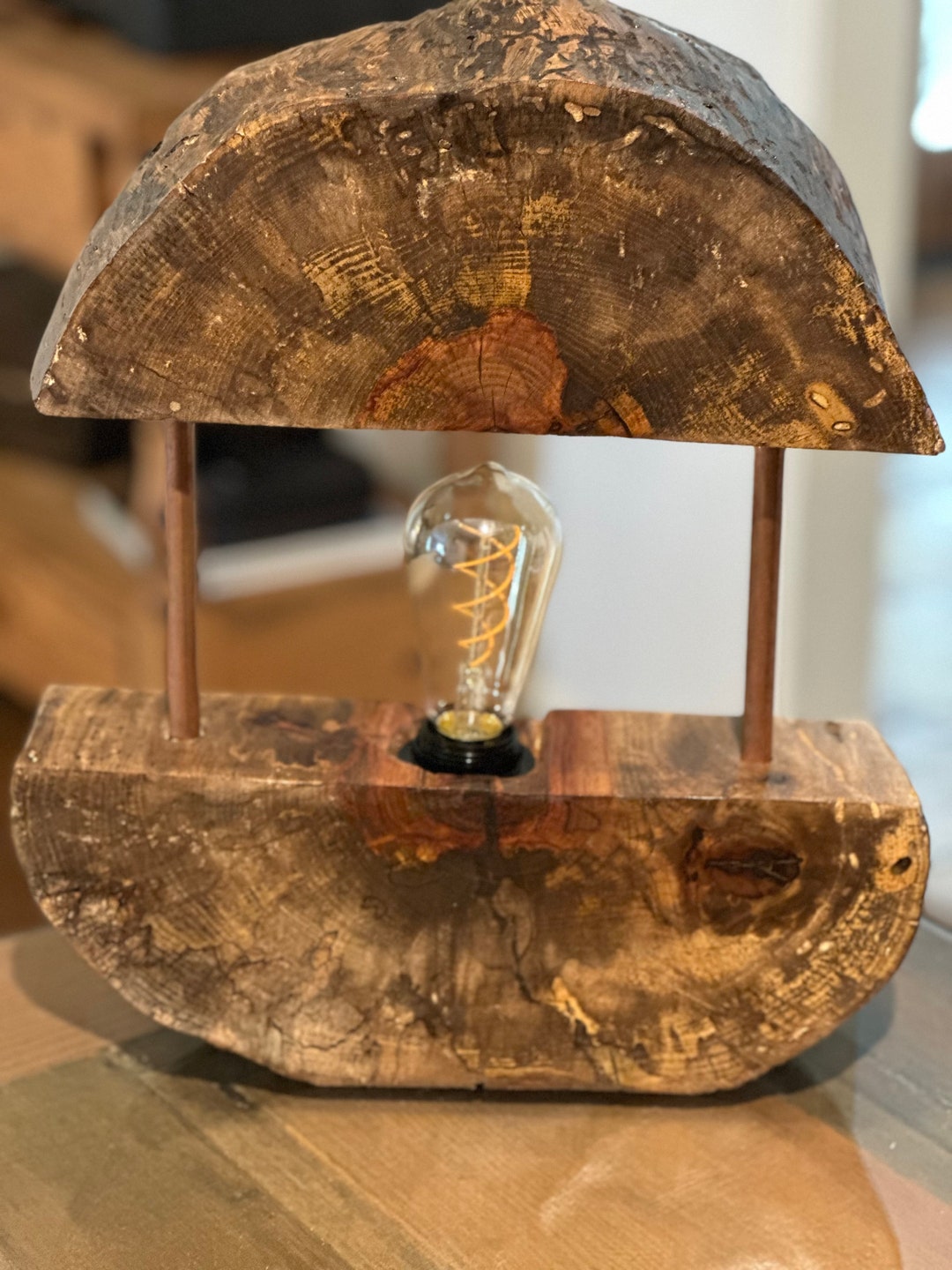 Stump, Pecan Wood, Edison Bulb, Lamp, Lighting, Wood, Cooper, Rustic ...