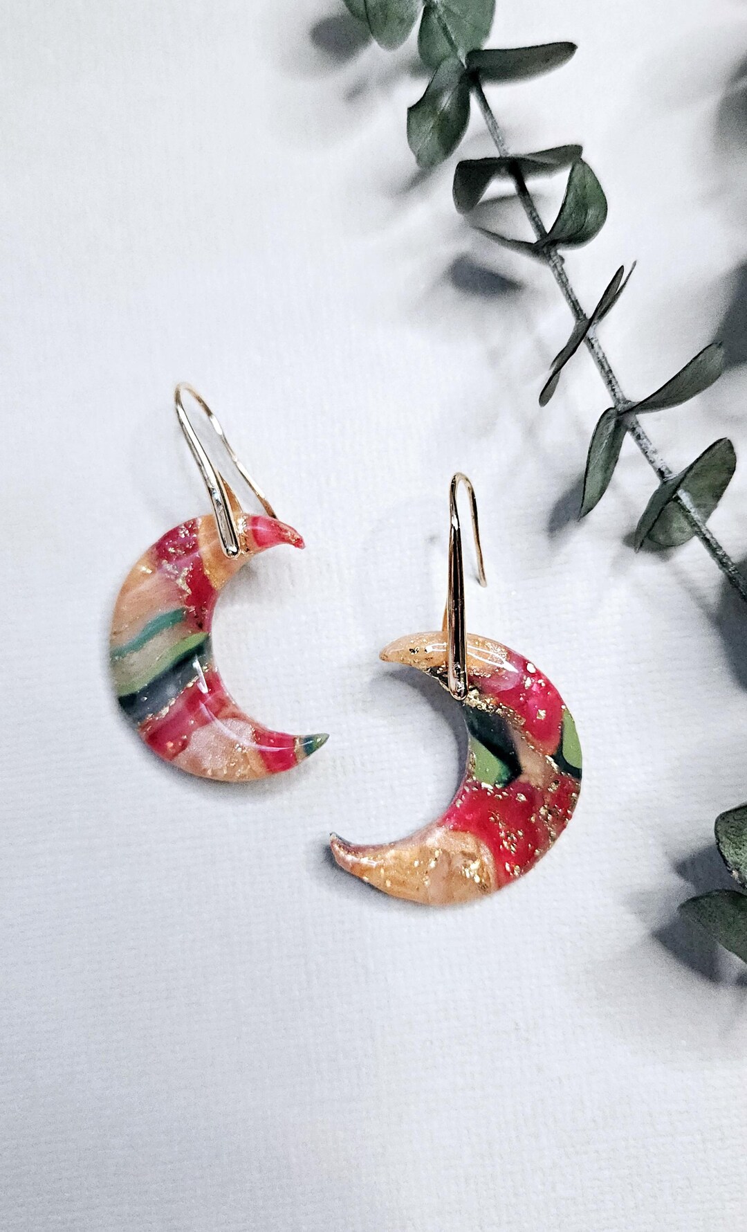 Multi Colored Moon Earrings, Gold Handmade Clay Earrings, Unique ...
