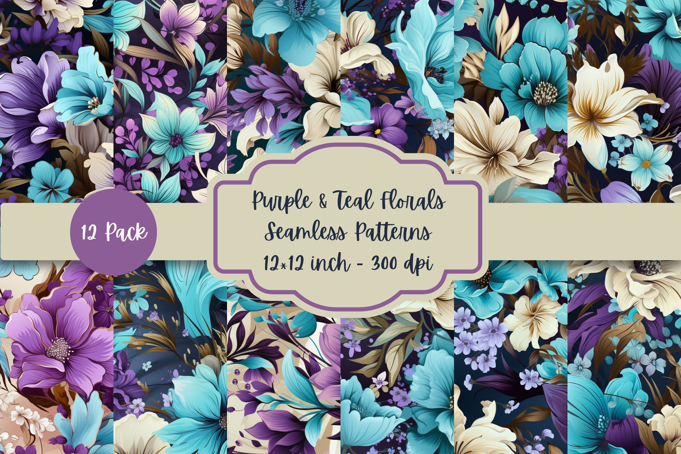 12 Purple & Teal Florals Digital Paper SEAMLESS Printable Papers ...