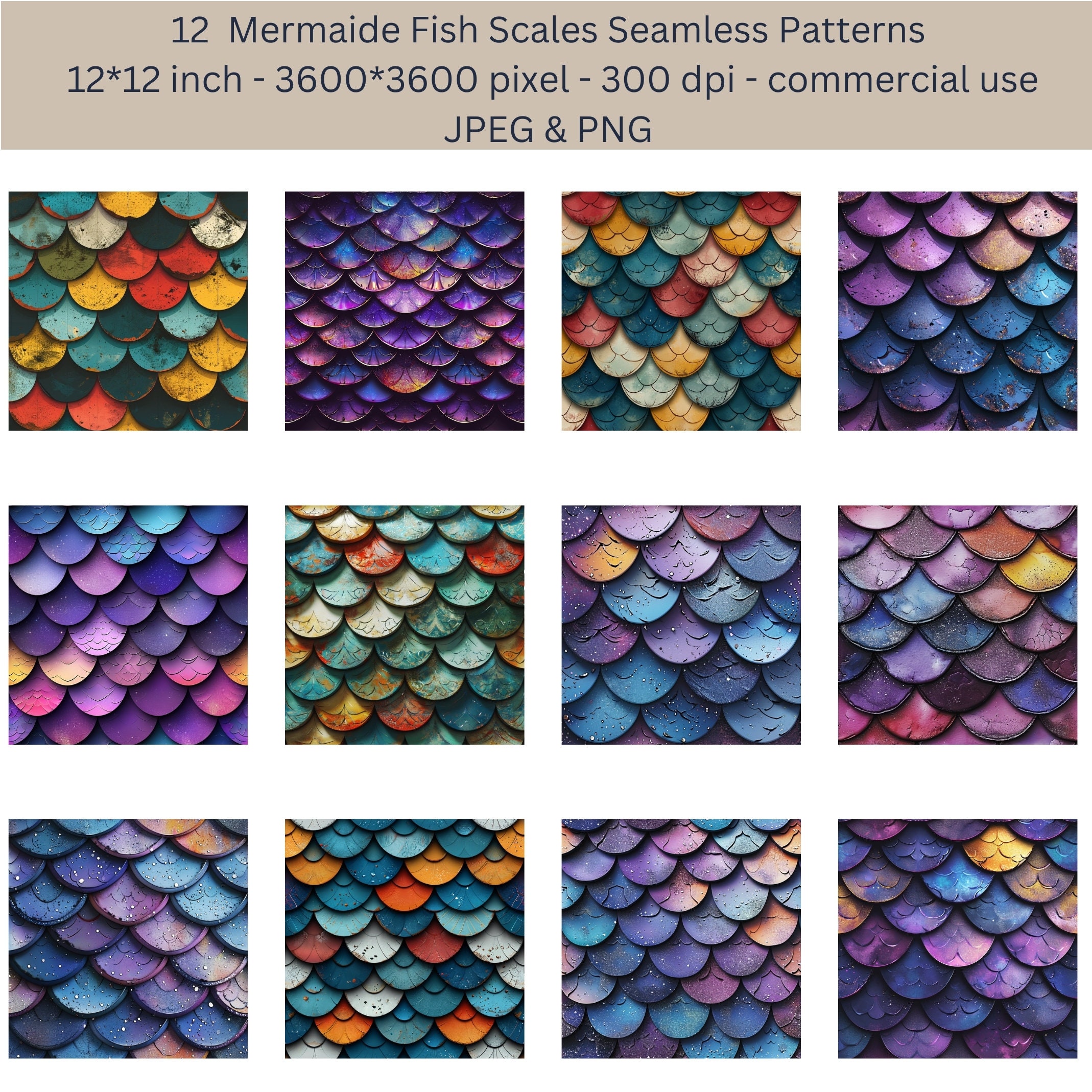 12 Mermaid Fish Scales Digital Paper - SEAMLESS - Printable Papers ...