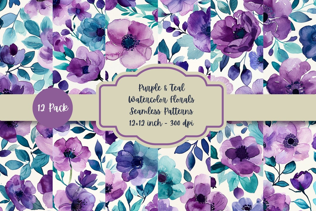 12 Purple & Teal Watercolor Florals Digital Paper, SEAMLESS Printable ...