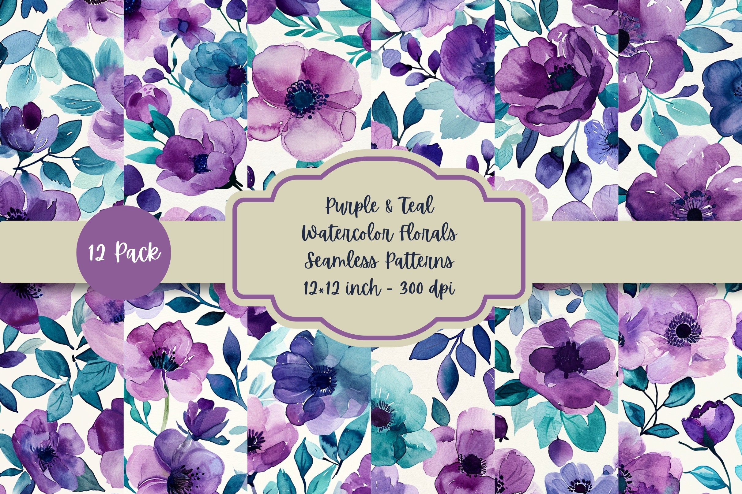 12 Purple & Teal Watercolor Florals Digital Paper, SEAMLESS Printable ...