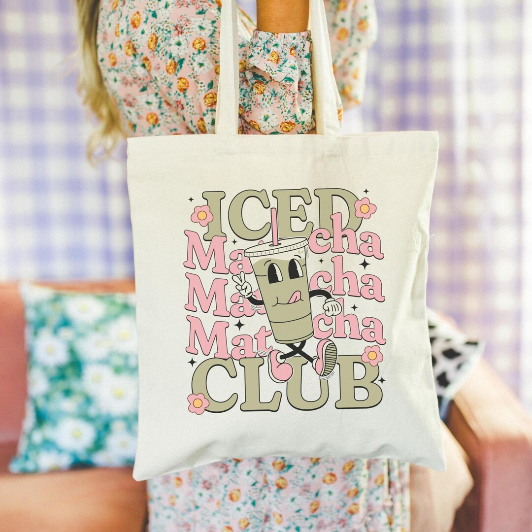 Preppy Iced Matcha Club Canvas Tote Bag, Matcha Kawaii Totebag, Green ...