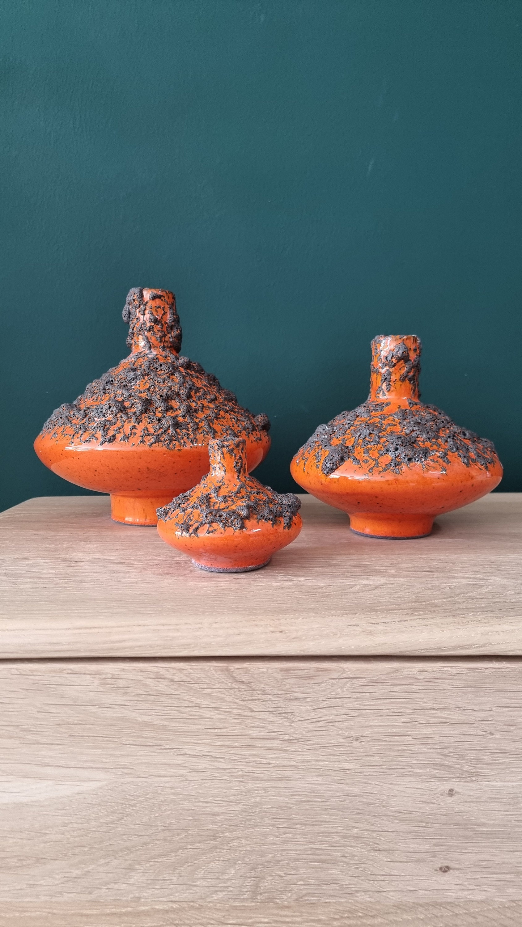 Set of 3 Orange Fat Lava UFO Vases by Otto Keramik. German Pottery ...