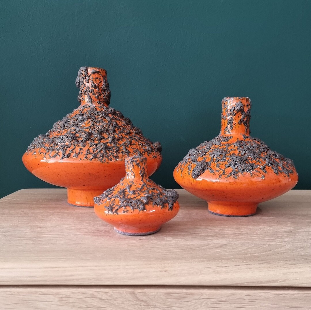 Set of 3 Orange Fat Lava UFO Vases by Otto Keramik. German Pottery. - Etsy