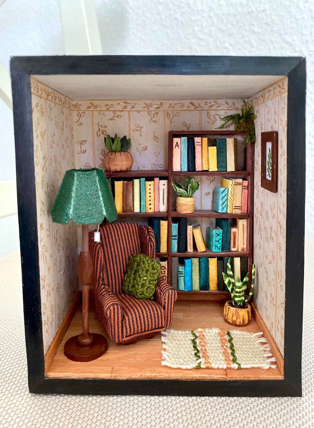 Miniature Reading Nook With Bookshelf and Chair Handmade Dollhouse ...