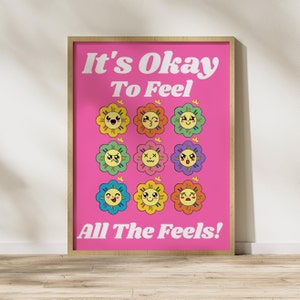 It's Okay to Feel Print, Groovy Flowers, Pink Mental Health Poster ...
