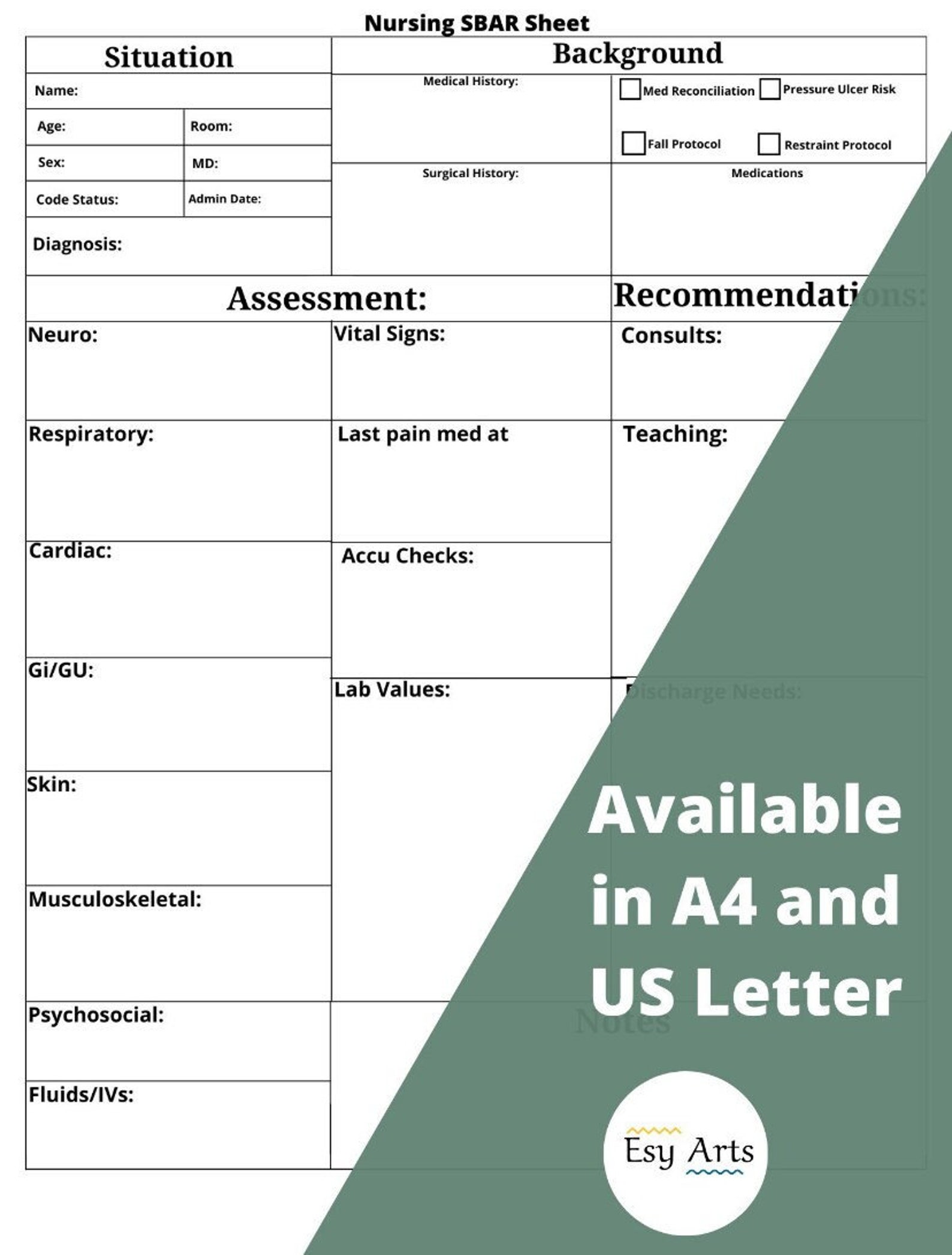 Nursing SBAR Template | Patient Report Sheet | Nurse Brain Sheet | ICU ...