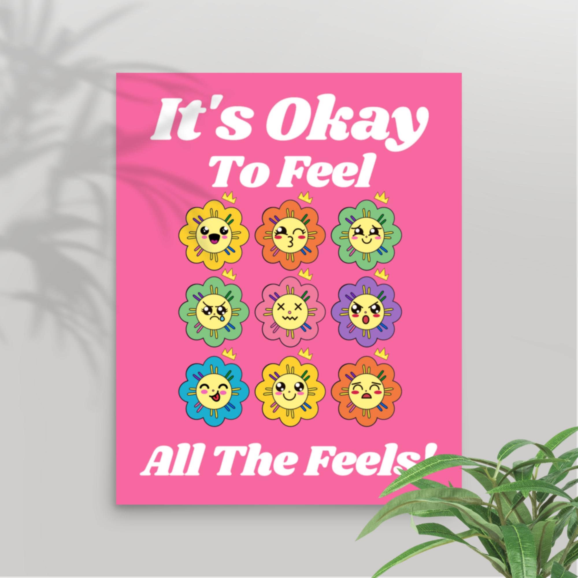 It's Okay to Feel Print, Groovy Flowers, Pink Mental Health Poster ...