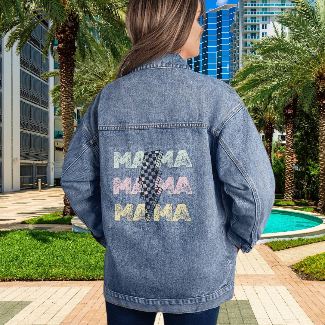 Mama Denim Jacket With a Checkered Lightening Design Gift for Mama for ...