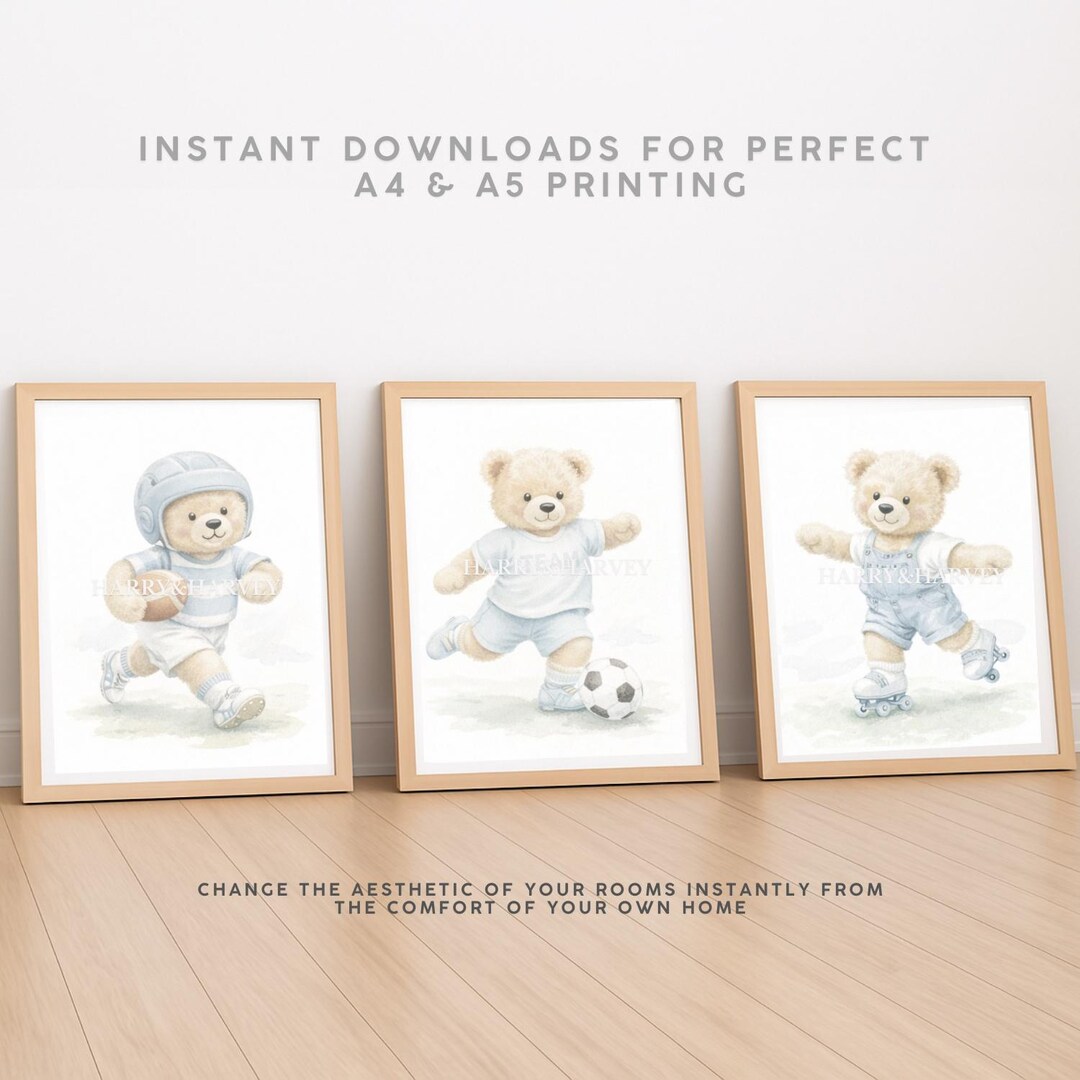 Teddy Bear Sports Print Set, Watercolor Nursery Art (digital Download ...