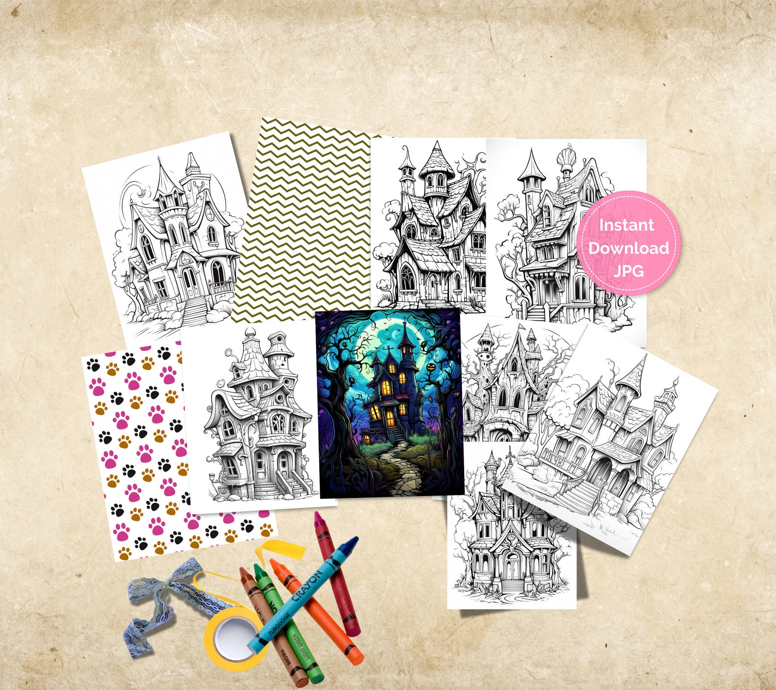 50 Page Haunted Houses Coloring Book | Printable Creepy Houses Coloring ...