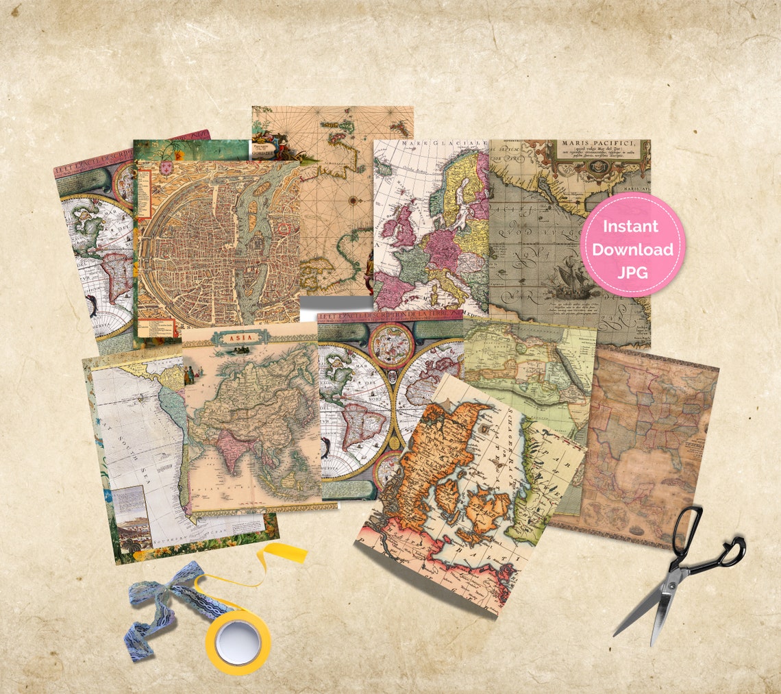 Old Maps Junk Journal Digital Papers | 15 Pack Bundle | Old World ...