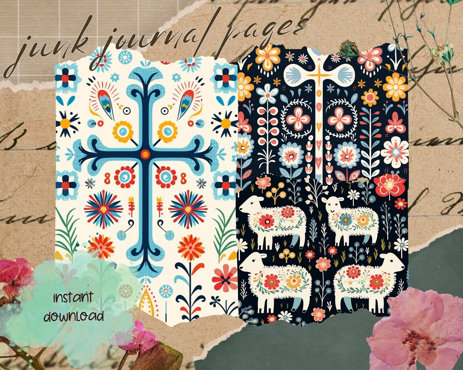 Folk Art Easter Trio: Instant Digital Print Bundle for Framed Art or ...