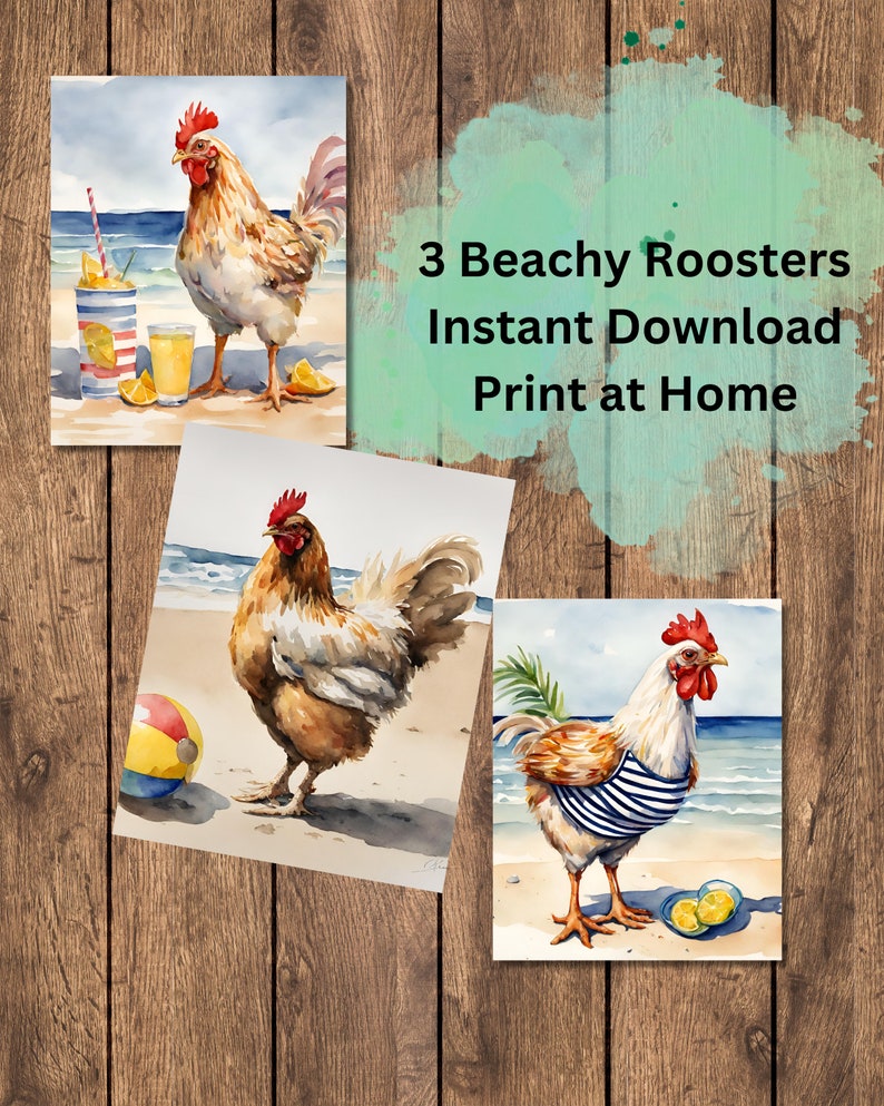 Beachy Rooster Chicken Trio: Instant Digital Print Bundle for Framed ...