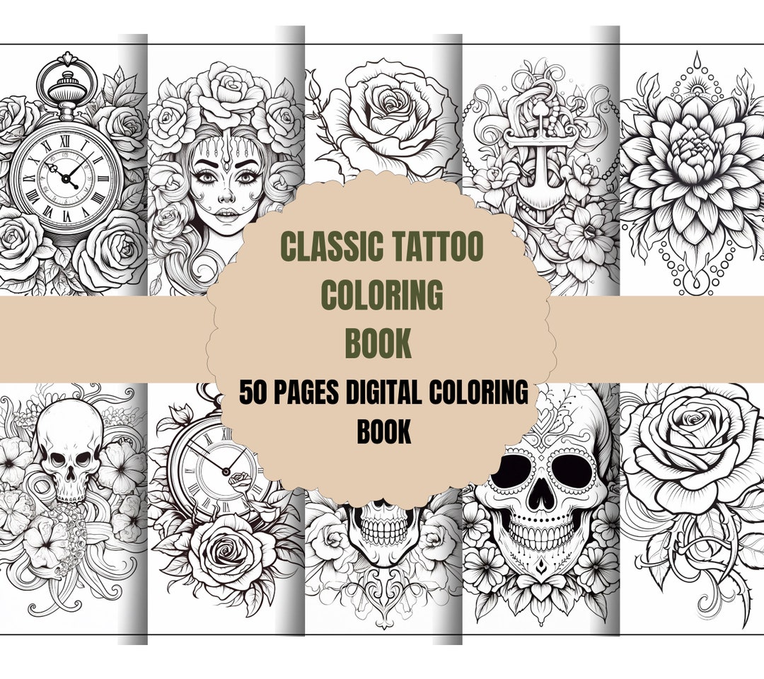 50 Page Classic Tattoo Coloring Book | Printable Tattoo Coloring Pages ...
