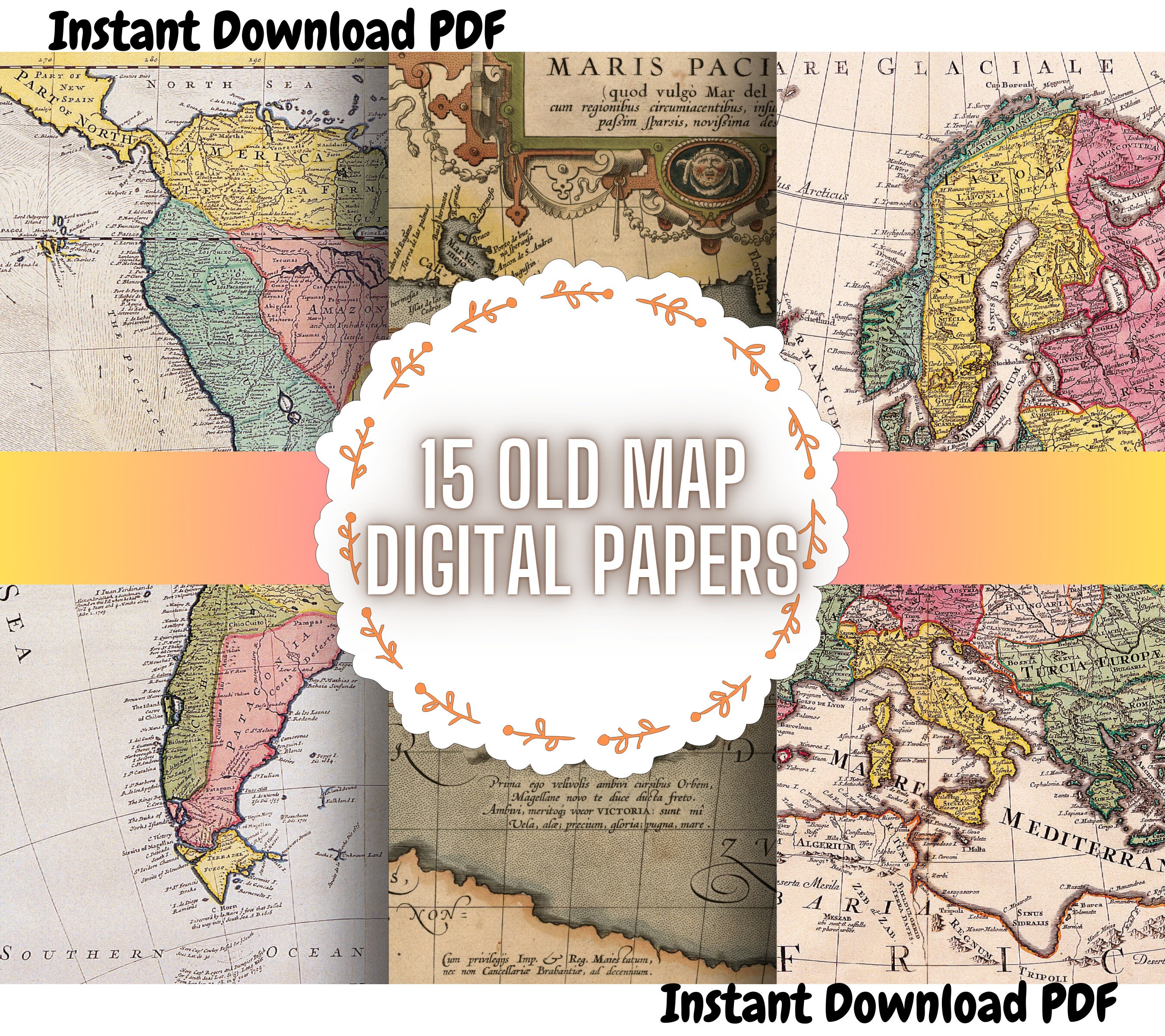 Old Maps Junk Journal Digital Papers | 15 Pack Bundle | Old World ...