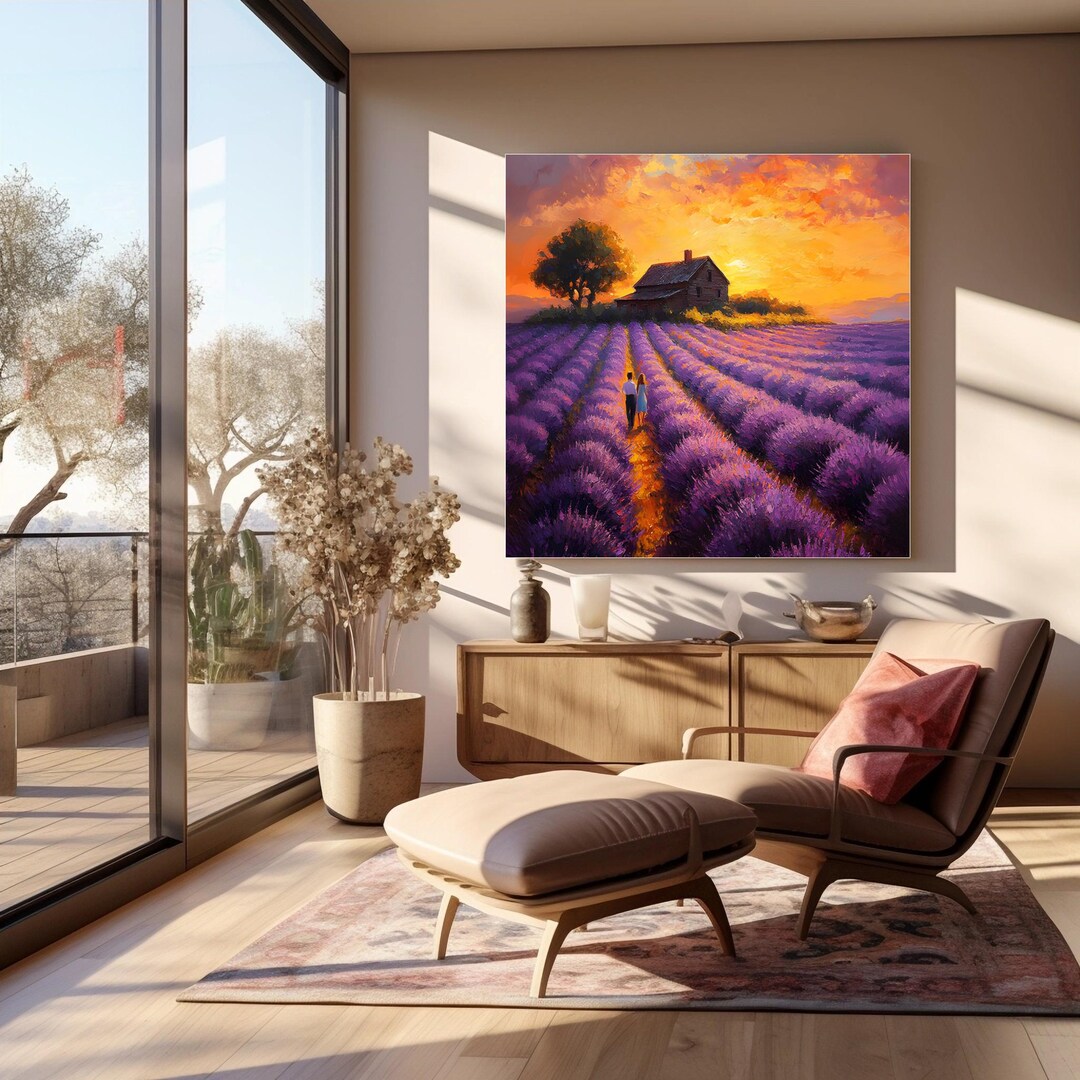 Lavender Field Art Print, Impressionistic Sunset Landscape With Rustic ...