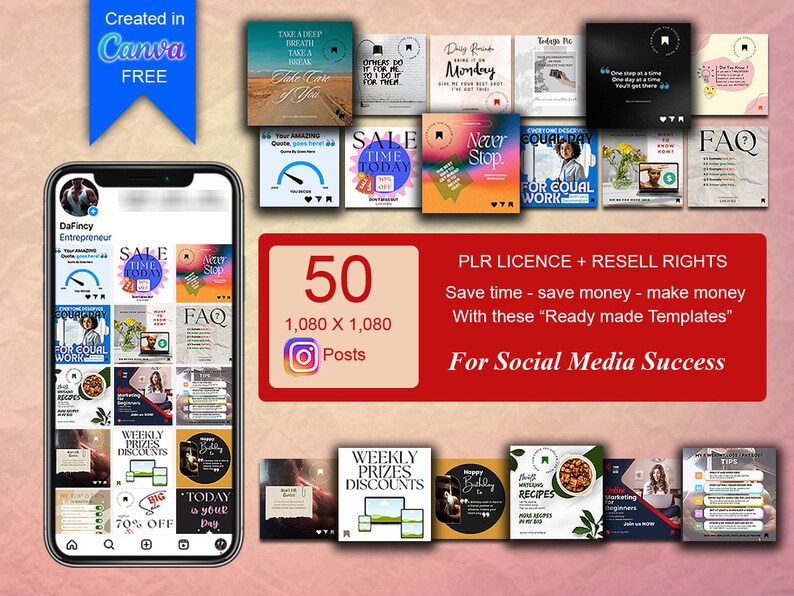 50 Instagram Post Template, PLR & Resell License, Canva Template ...