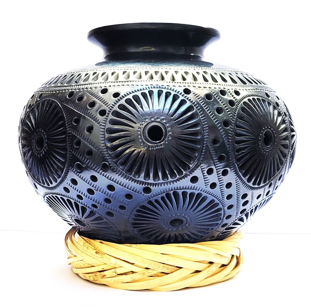 Barro Negro/black Clay Round Decorative Vase W/ Base. Handcrafted From ...