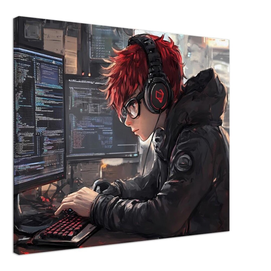 Cyber Coder: Anime Hacker Canvas Print - Red-haired Tech Genius - Etsy