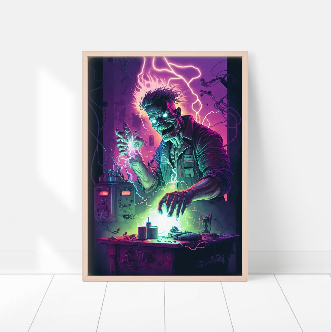 Evil Frankenstein Synthwave Wall Art 80s Neon Lightning Poster Retro ...