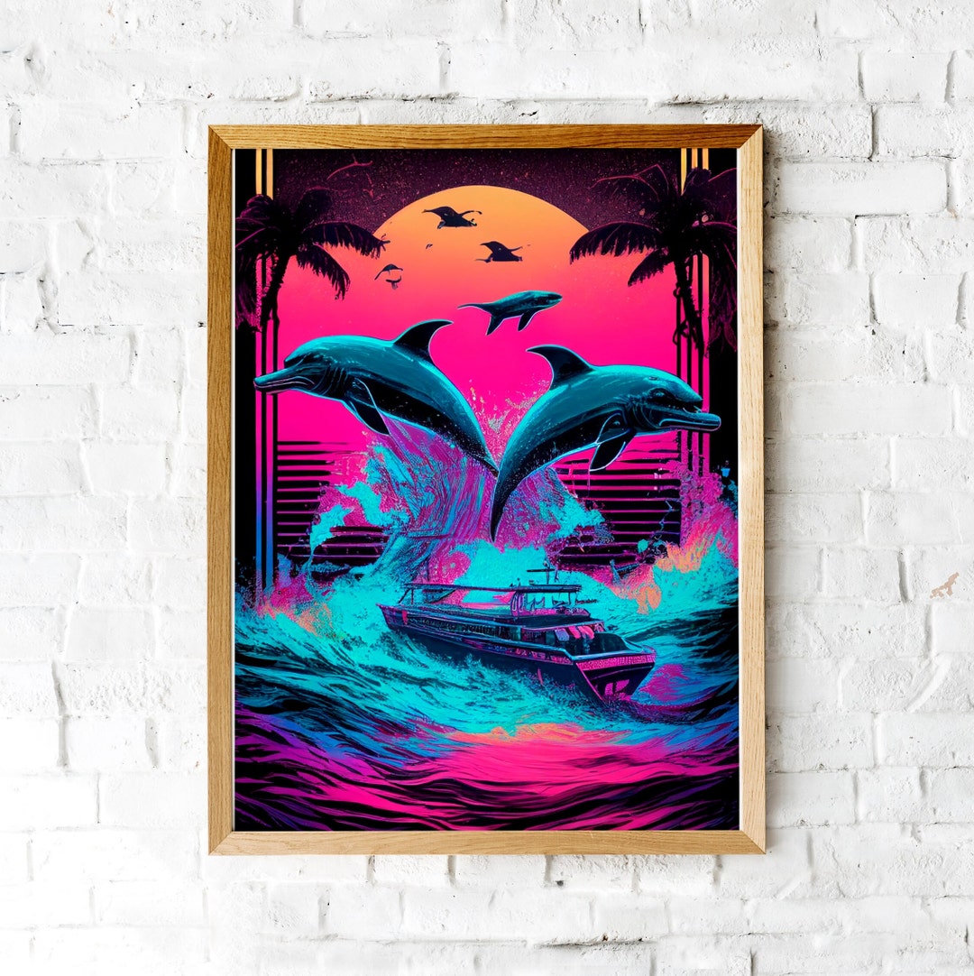 Dolphin Digital Print 80s Retro Art Synthwave Party Ocean - Etsy