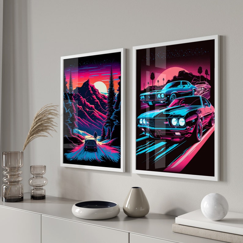 Fast Muscle Cars Synthwave Wall Art | 80s Midnight Race Poster | Retro ...