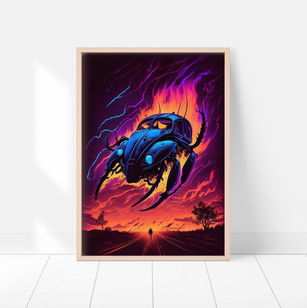 Beetle Wall Art Blue Flying Bug Car 80s Cosmic Horror Synthwave Poster ...