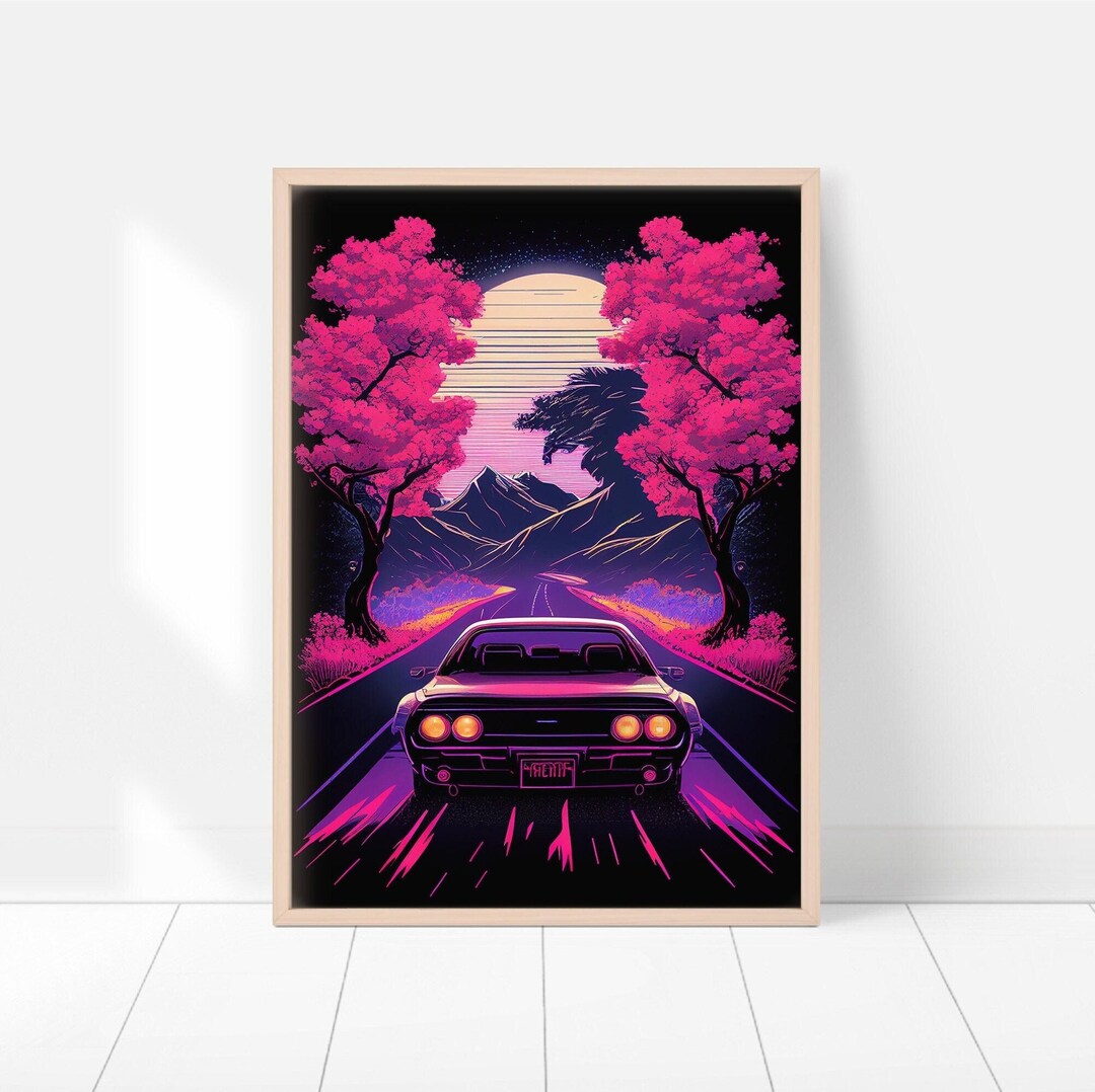 Cherry Blossom Highway Wall Art, Japan Car Print, 80s Synthwave Decor ...