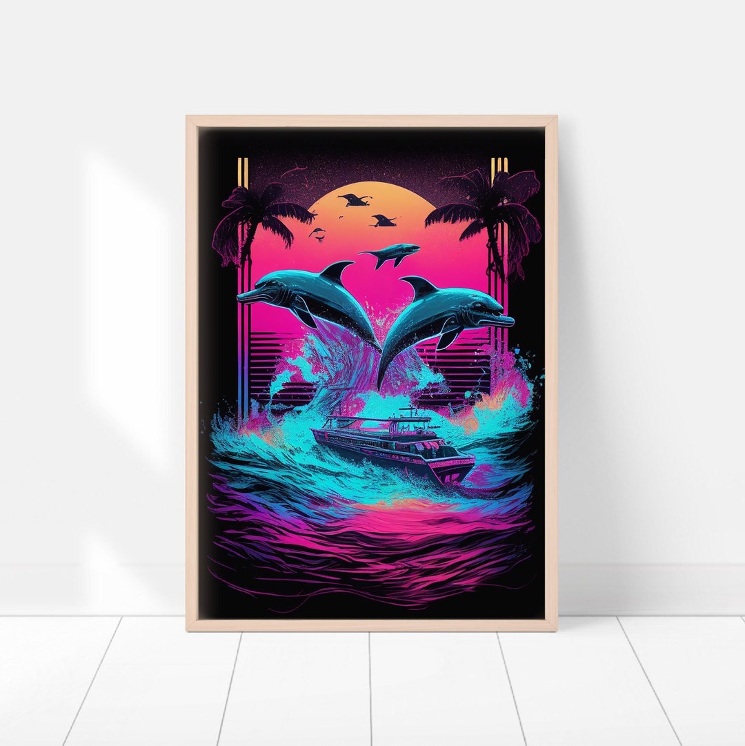 Dolphin Digital Print, 80s Retro Art, Synthwave Party, Ocean Poster ...