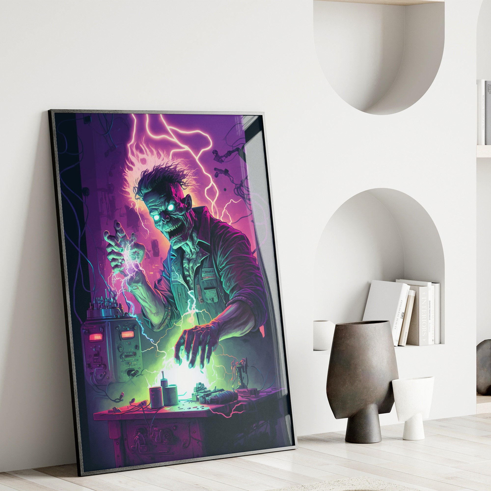 Evil Frankenstein Synthwave Wall Art 80s Neon Lightning Poster Retro ...
