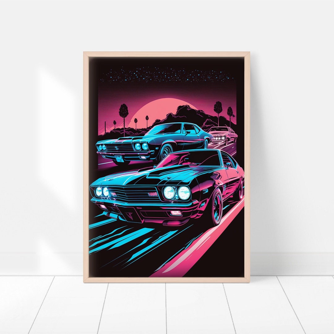 Fast Muscle Cars Synthwave Wall Art | 80s Midnight Race Poster | Retro ...